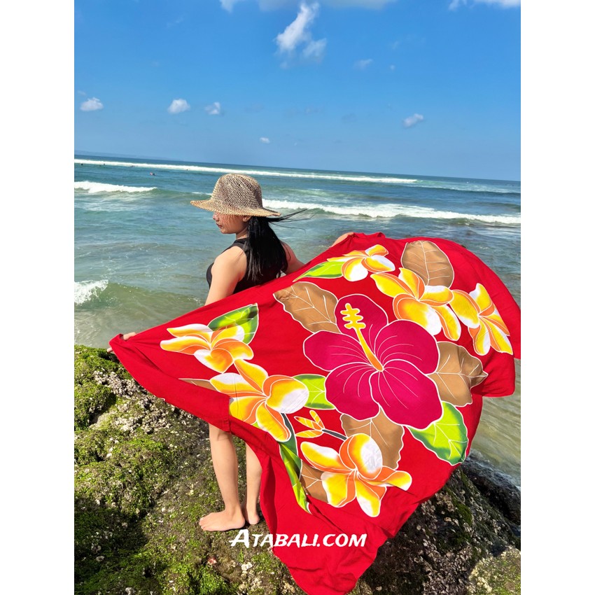 Hand Painted Floral Sarong in Red color