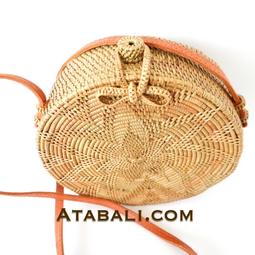 ata round bag flower pattern with ribbon clip and leather strap