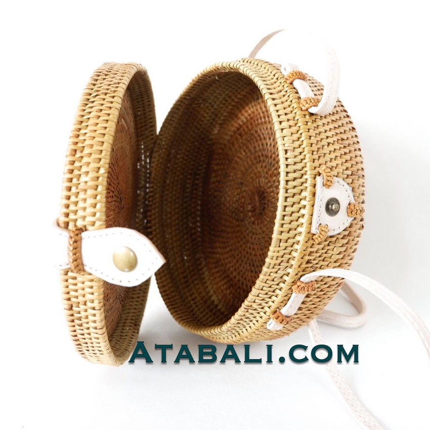 ata rattan round women bag with long white leather strap and leather clip