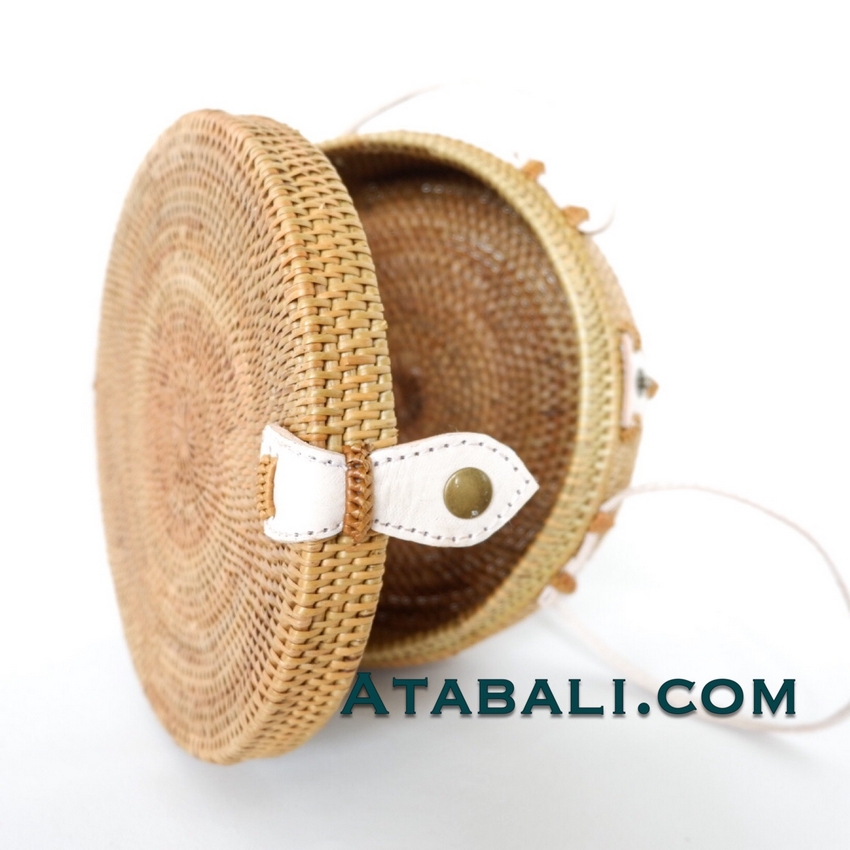 ata rattan round women bag with long white leather strap and leather clip