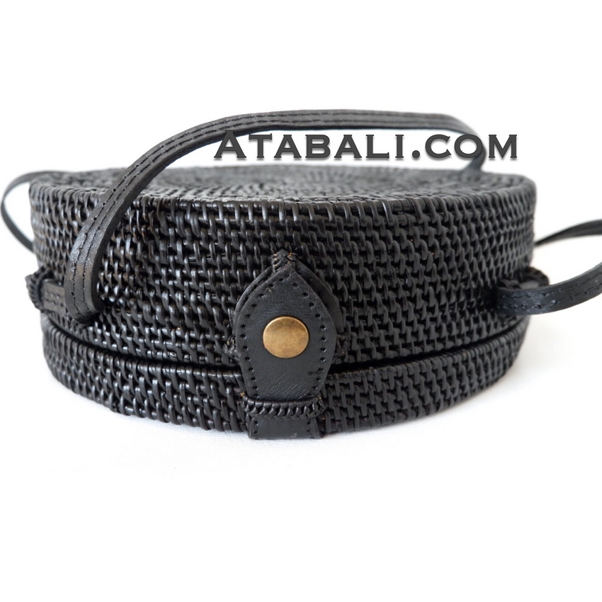 ata rattan round flower pattern handwoven bag in black