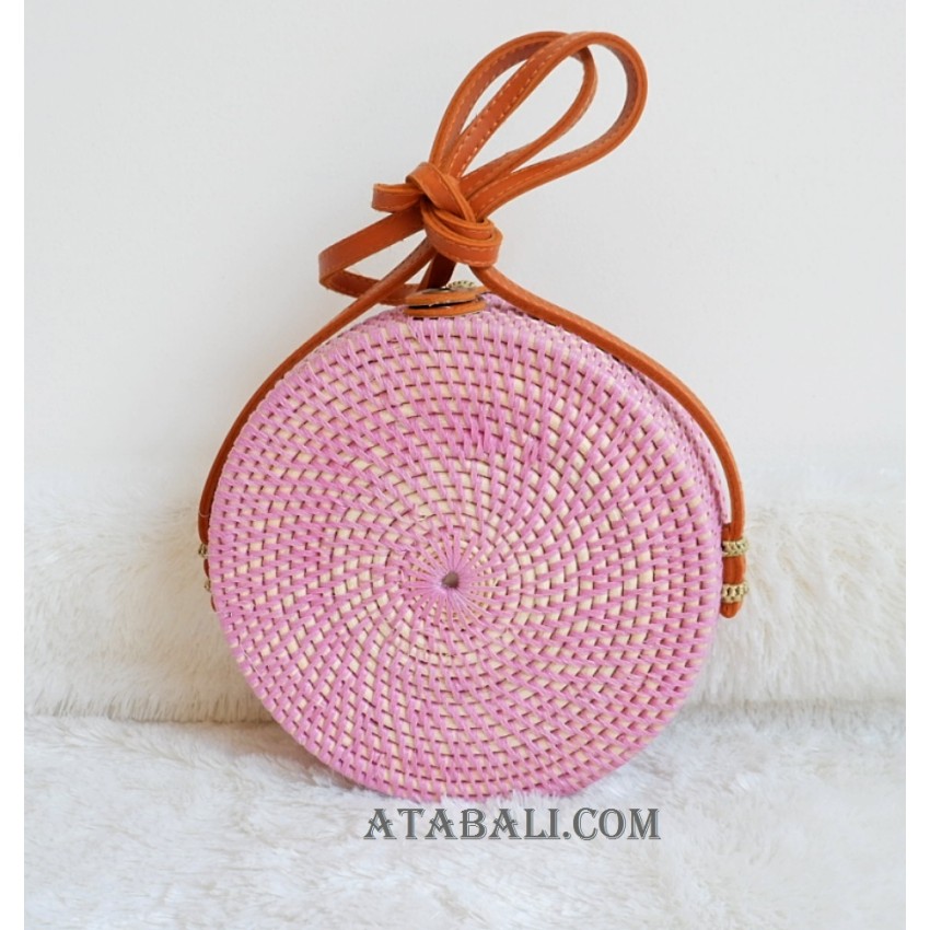 coloring rattan, circle sling, leather bags, hot pink color