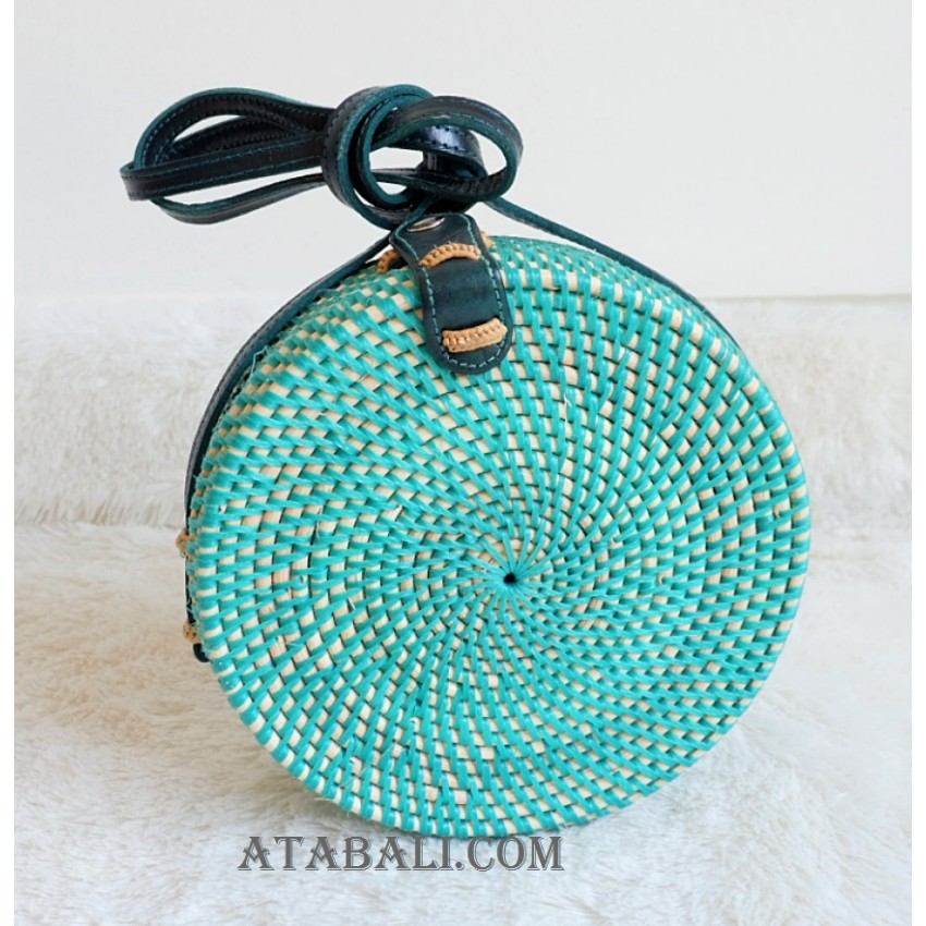 coloring bag, rattan circle sling bag, leather bags turquoise color